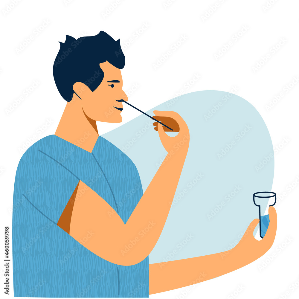 Covid nasal pcr swab rapid self test. Young man using antigen test kit ...
