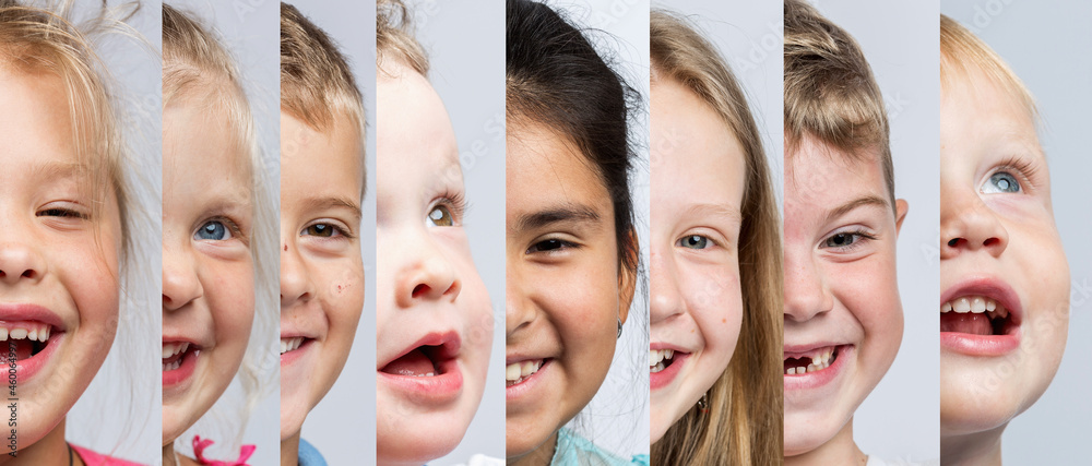 Laughing faces of children. Future generation, happy childhood. Close ...