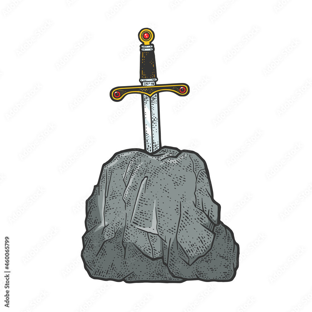 Excalibur legend sword in stone color sketch engraving vector ...