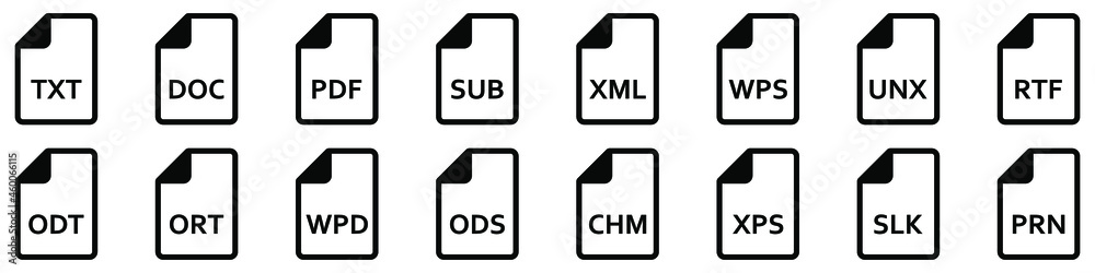 Text file formats icon. Set of line icons of different text documents ...