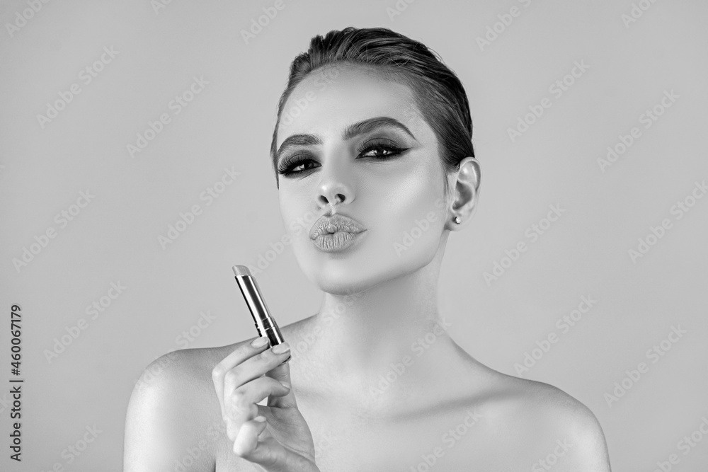 Kiss From Pin Up Girl Sending Blowing Kiss With Pout Lips Looking At Camera Isolated On Beige