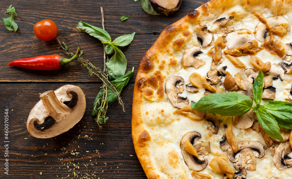 Pizza on the wood table. Concept promotional template for restaurant ...