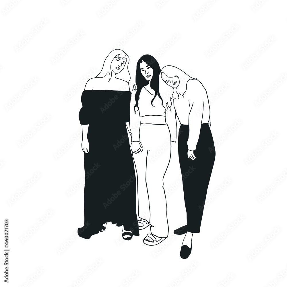Drawing of three girlfriends standing together. Hand drawn black and ...