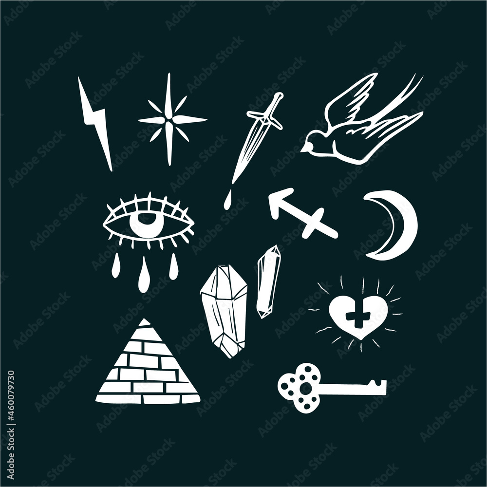 Mystical set symbols, style old school tattoo, witchcraft icons ...