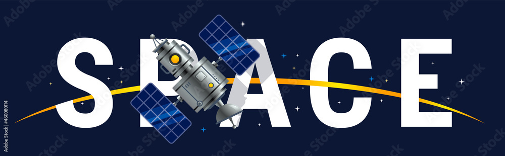 Vector Horizontal Illustration of Word Space and Satellite on Dark Sky ...