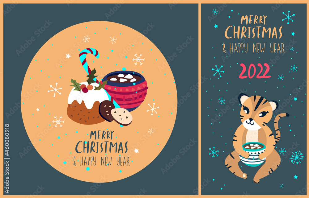Christmas,Happy New Year Greeting Cards Set.Invitation Picure Winter ...