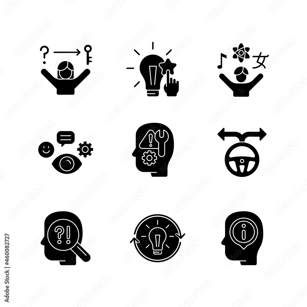 Self development skills black glyph icons set on white space. Self ...