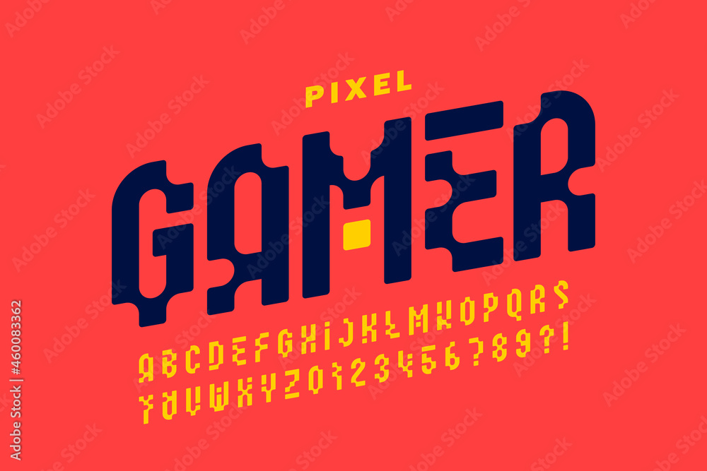 Pixel style font design, alphabet letters and numbers, vector ...