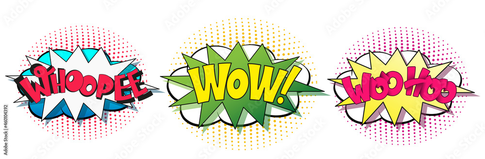 Ser comic lettering wow, whoopee, woohoo. Vector bright cartoon ...
