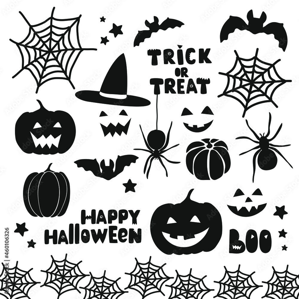 Black Halloween vector clipart set with pumpkin, Jack-o-lantern, spider ...