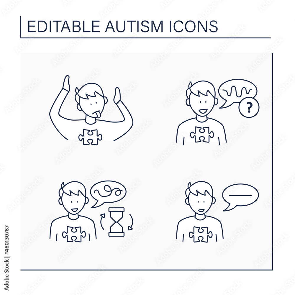 Autism spectrum disorder line icons set. Abnormal body posturing, voice ...
