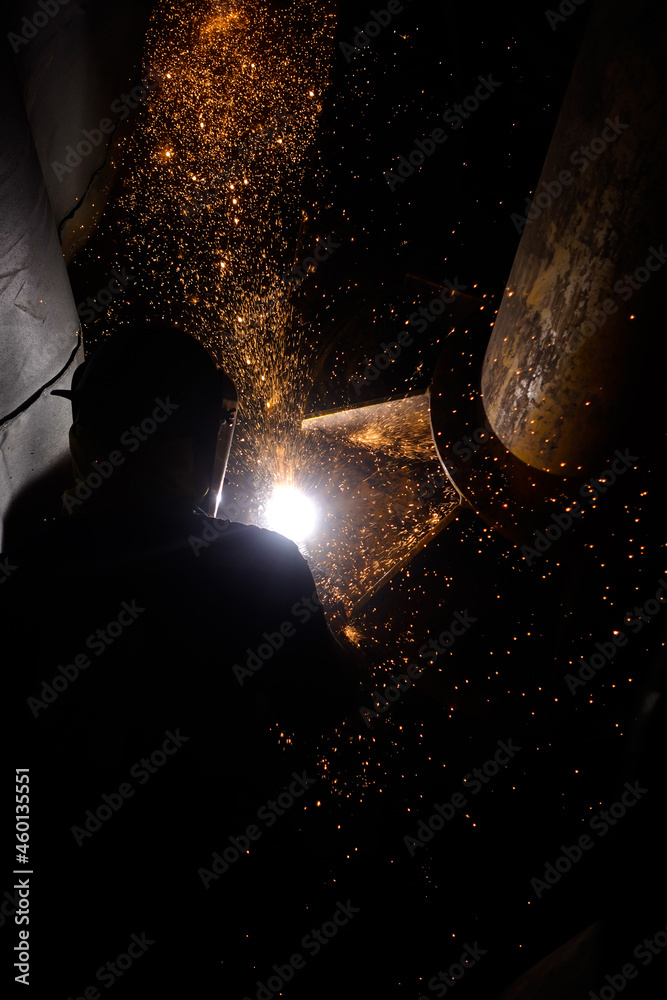 Welder weld steel structure in offshore oil and gas platform rig and ...