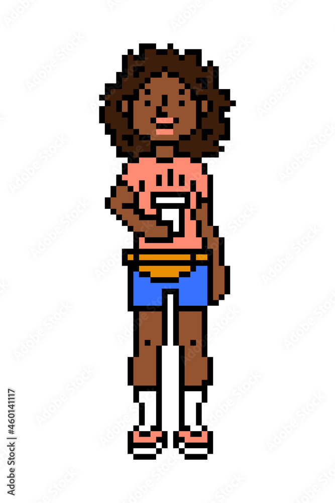Pixel art black girl with afro in t-shirt and shorts drinking coffee. 8 ...
