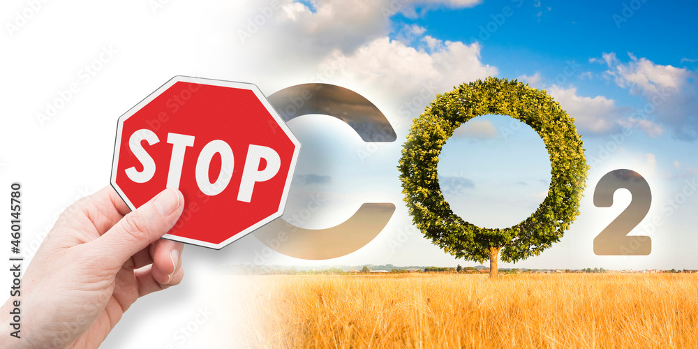 Reduction of the amount of CO2 emissions - stop concept with CO2 icon ...