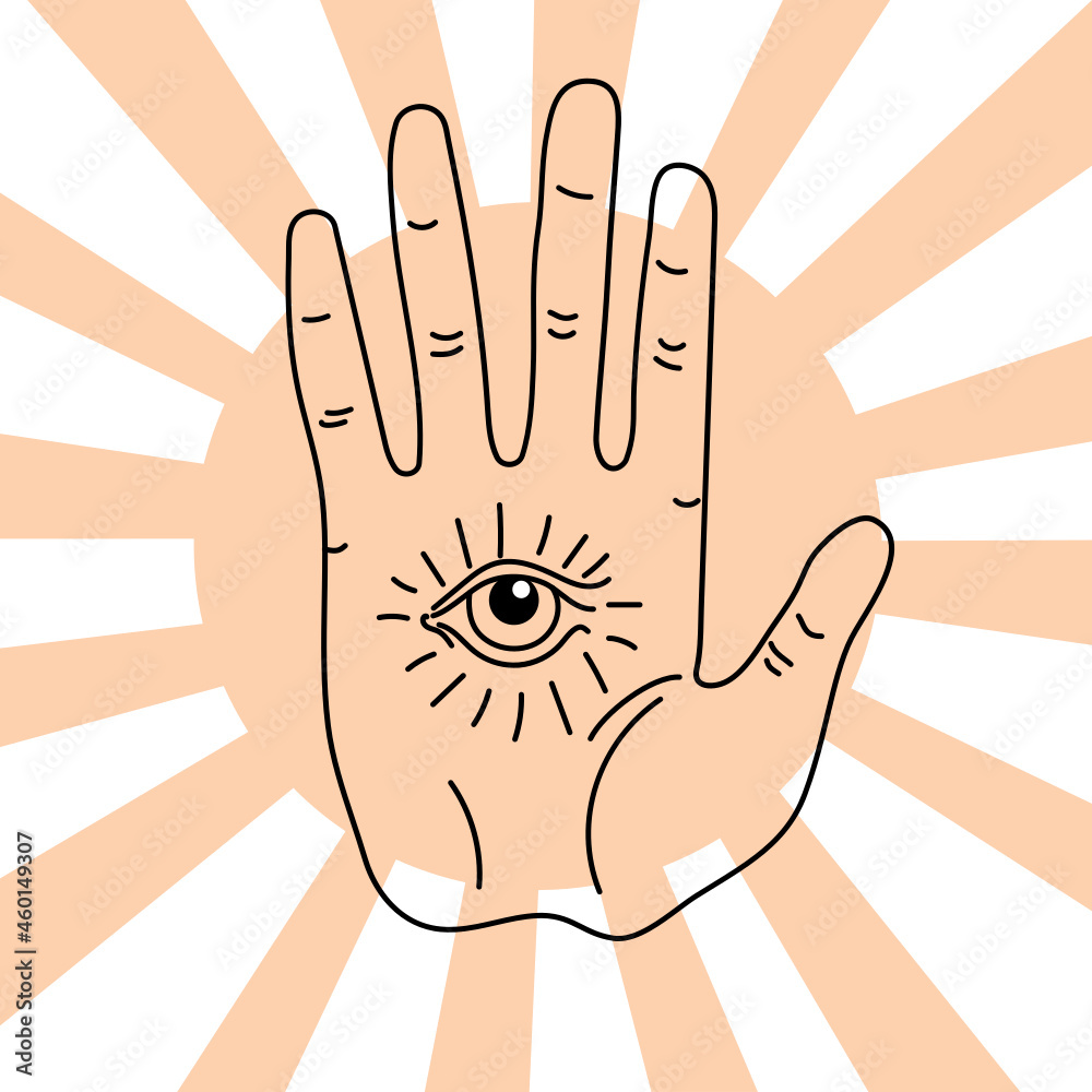 Hand with an all-seeing eye on the palm against the background of the ...