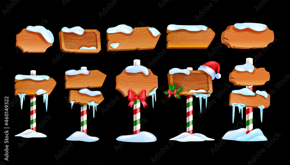 Winter wooden sign board set, vector Christmas season cartoon vintage ...