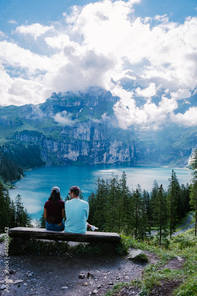 attractive summer morning on the unique Oeschinensee Lake. A wonderful ...