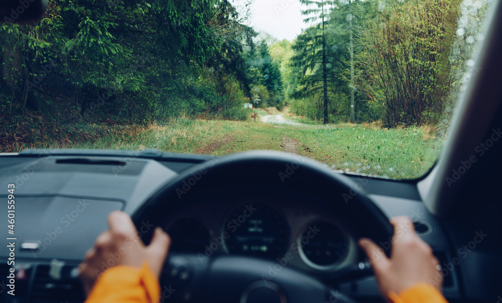 Driver dressed bright orange jacket driving a modern off road right ...