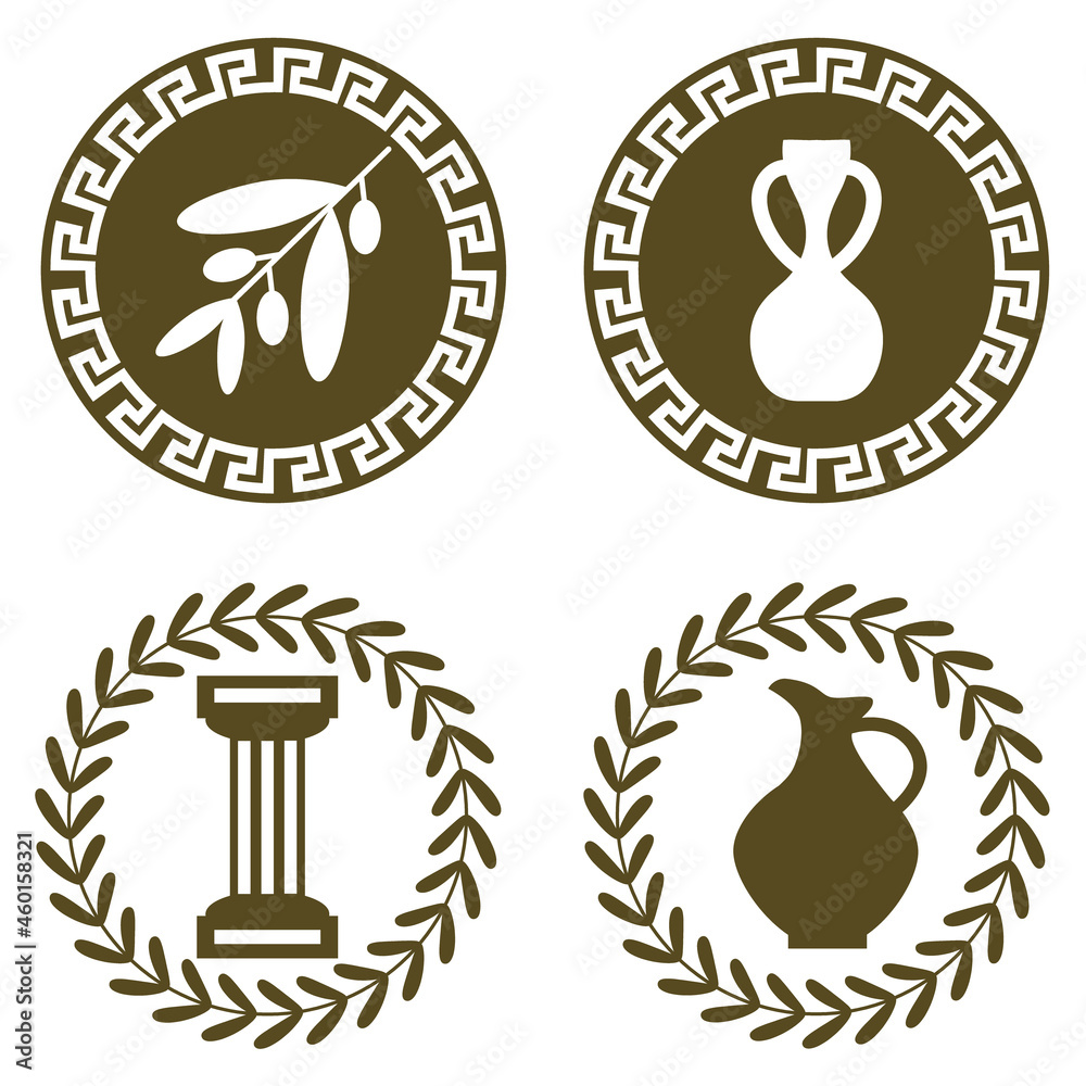 Set of ancient logos with olive branch, amphora, jug and doric column ...
