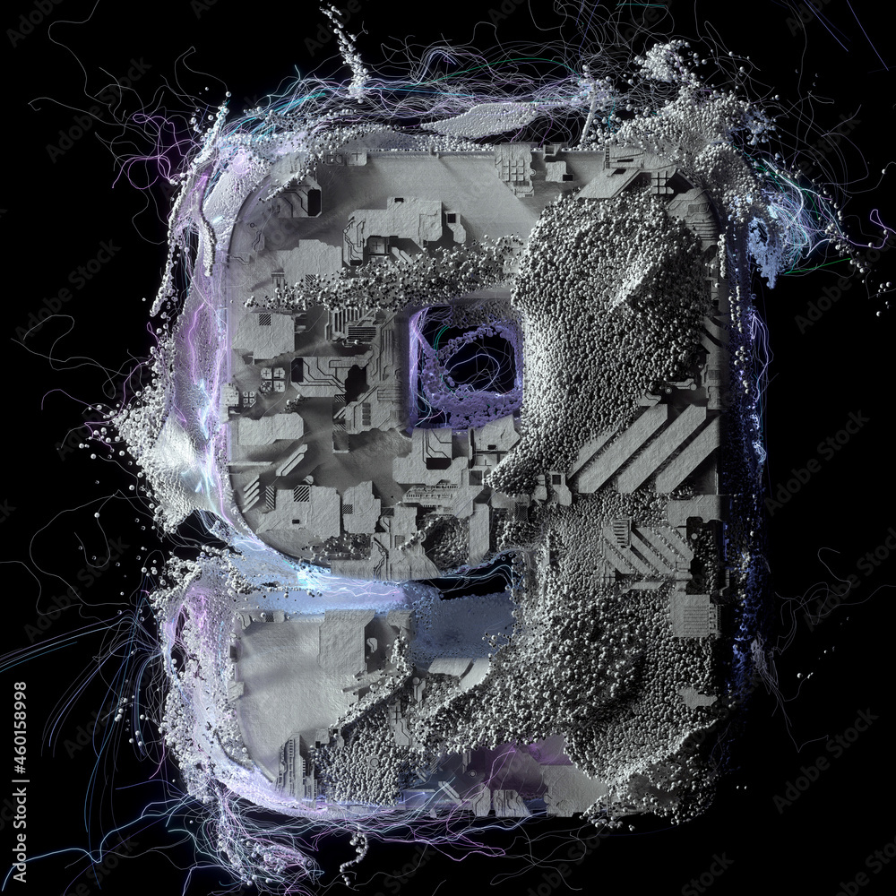 3d render of abstract art of surreal cyber technology industrial font ...