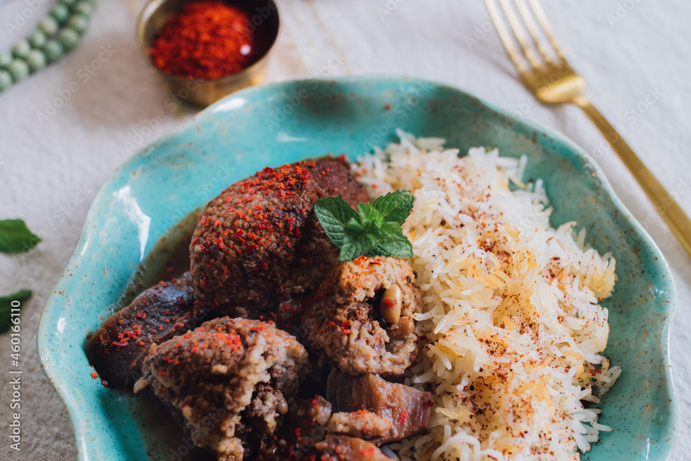 Kibbe Kubbah summāqīyah stuffed meatballs with bulgur wheat combined ...