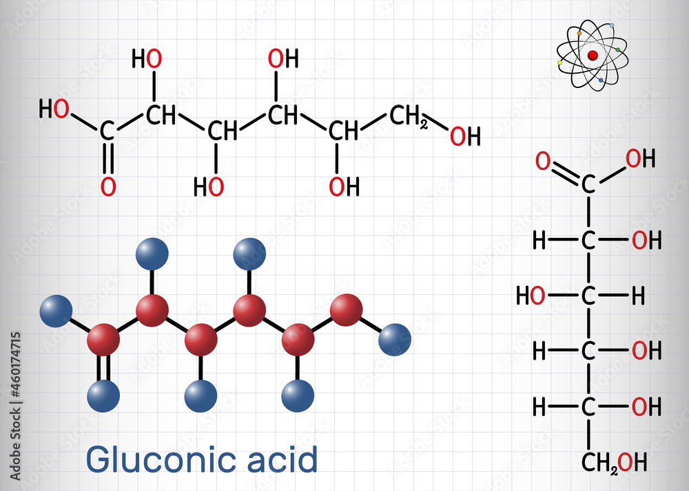 Gluconic acid, C6H12O7 molecule. It is PHA, polyhydroxy acid. The salt ...
