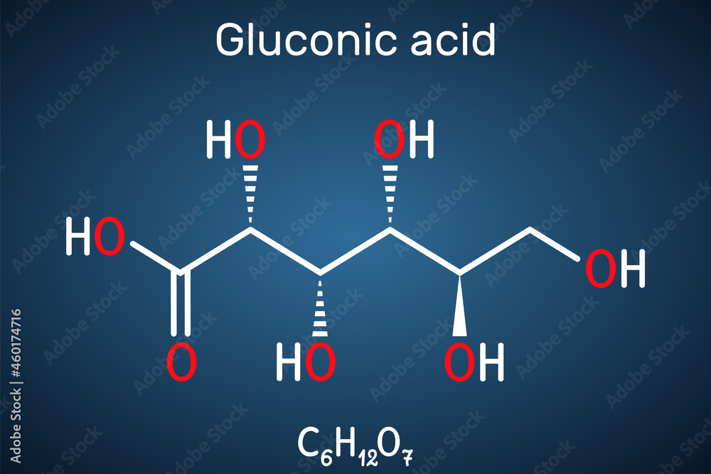 Gluconic acid, C6H12O7 molecule. It is PHA, polyhydroxy acid. The salt ...