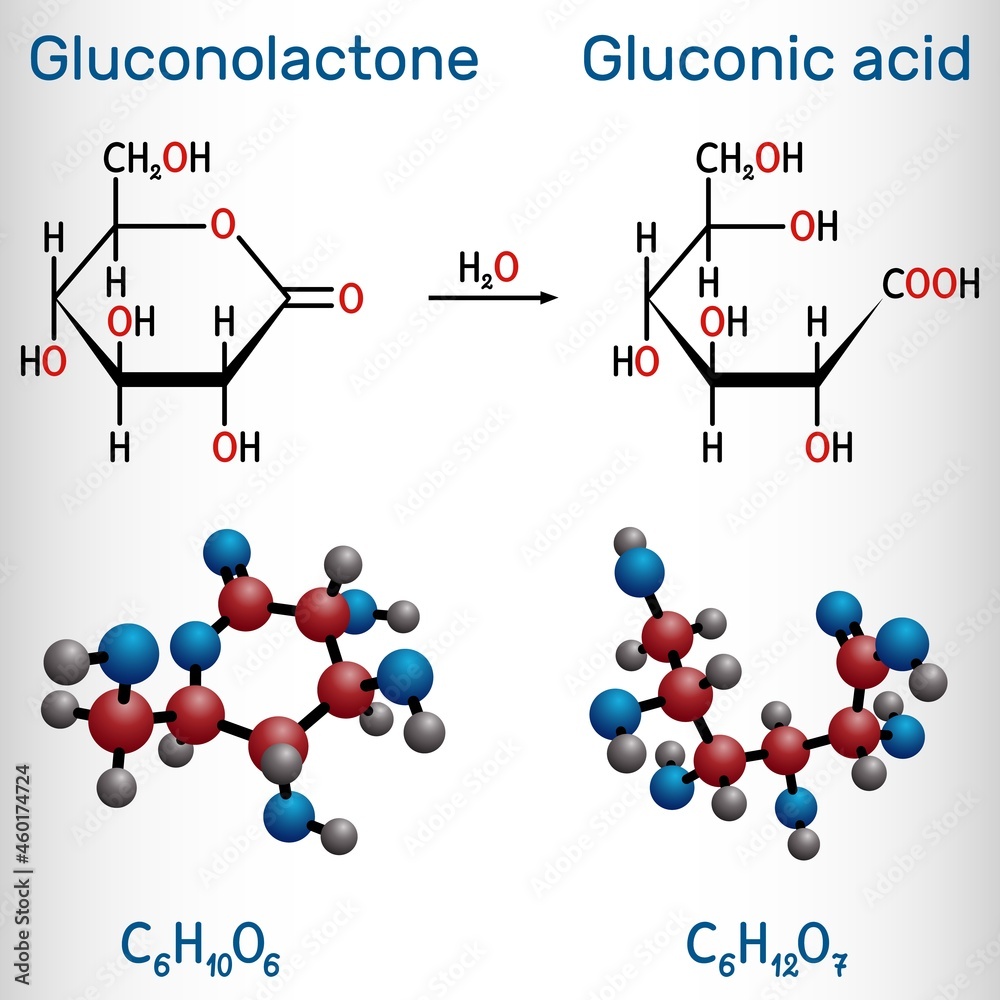 Glucono-delta-lactone (gluconolactone, GDL) and gluconic acid molecule ...