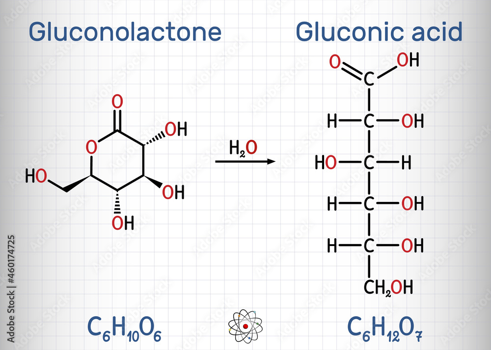 Glucono-delta-lactone (gluconolactone, GDL) and gluconic acid molecule ...