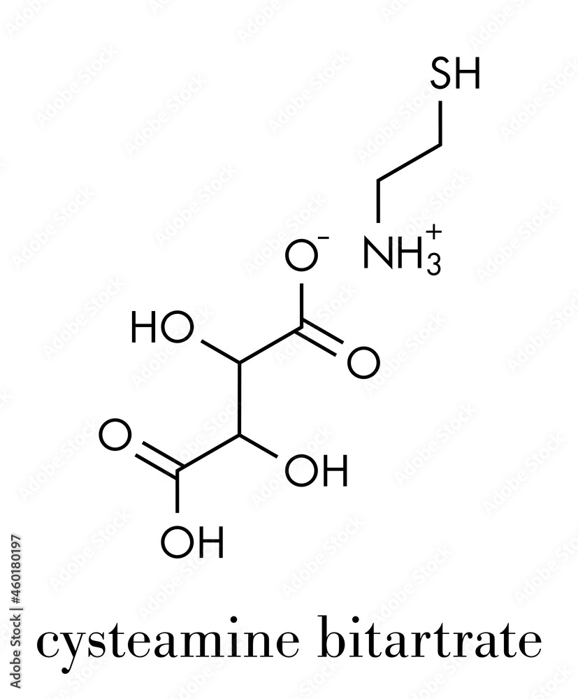 Cysteamine bitartrate Huntington's disease drug molecule. Skeletal ...