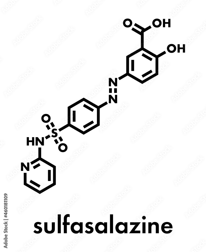 Sulfasalazine drug molecule. Used in treatment of rheumatoid arthritis ...
