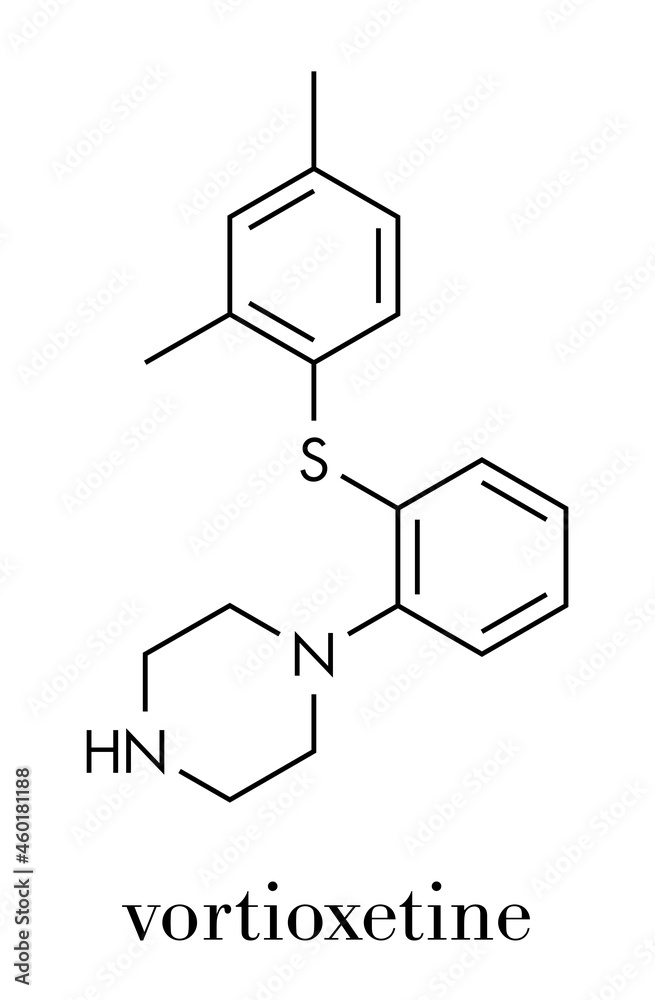 Vortioxetine antidepressant drug molecule. Skeletal formula. Stock ...