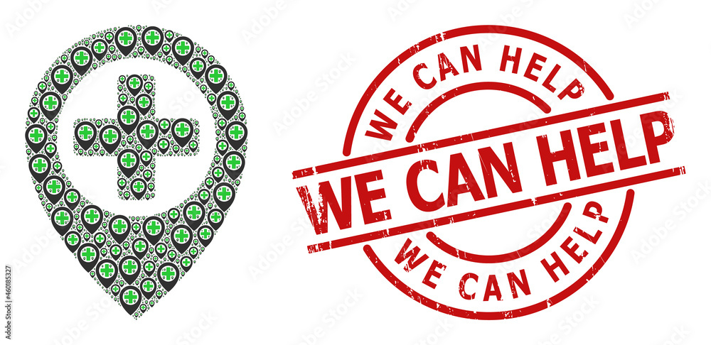 Red round seal has We Can Help tag inside circle. Vector hospital map ...