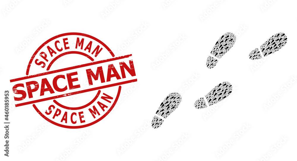 Red round seal includes Space Man tag inside circle. Vector human ...