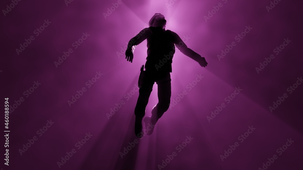 Person floating in fog , mist. Astral plane. Soldier floats in ethereal ...