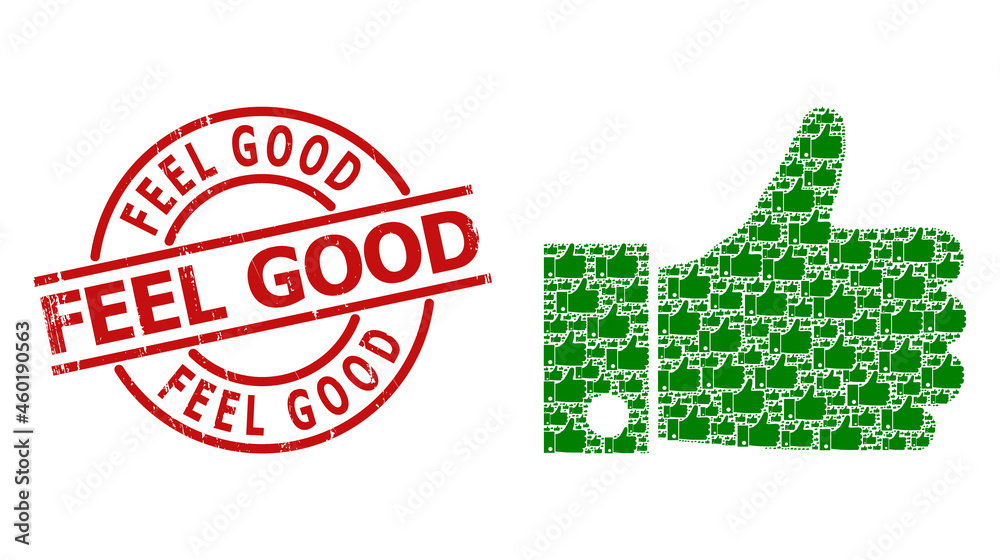 Red round badge contains Feel Good caption inside circle. Vector thumb ...
