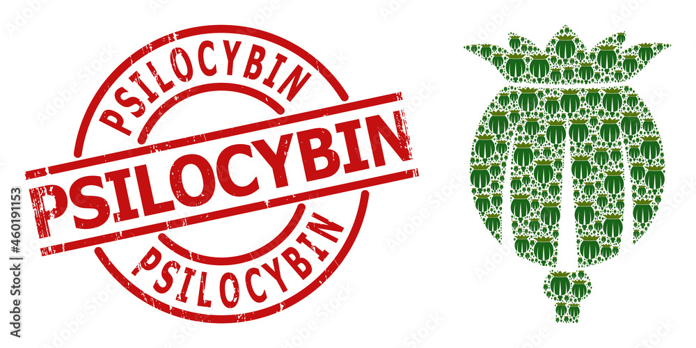 Red round seal includes Psilocybin title inside circle. Vector opium ...