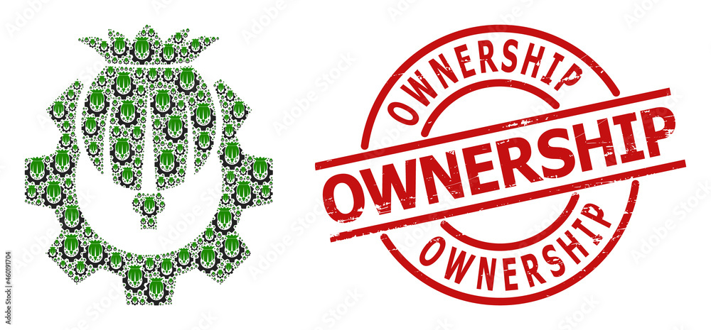 Red round badge contains Ownership caption inside circle. Vector opium ...