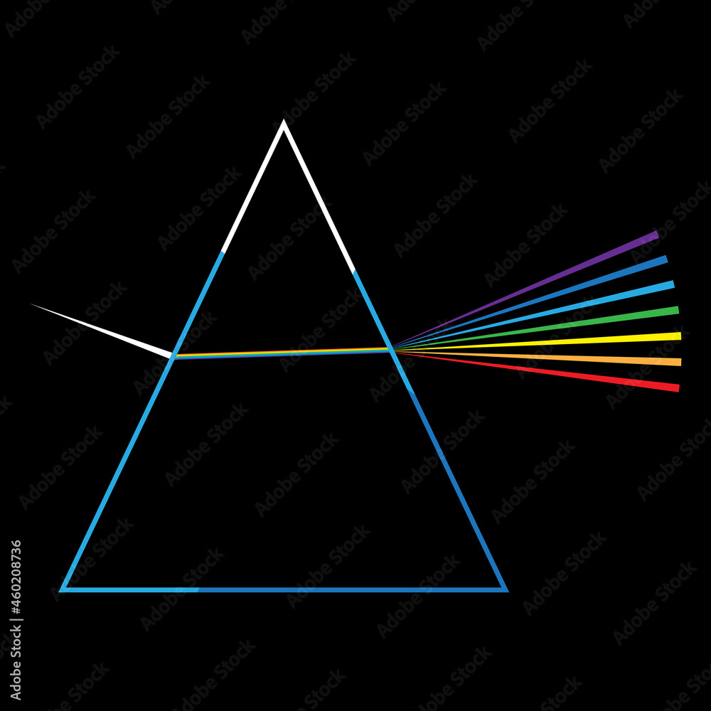 Triangular dispersive optical prism. Black background. Light effect ...