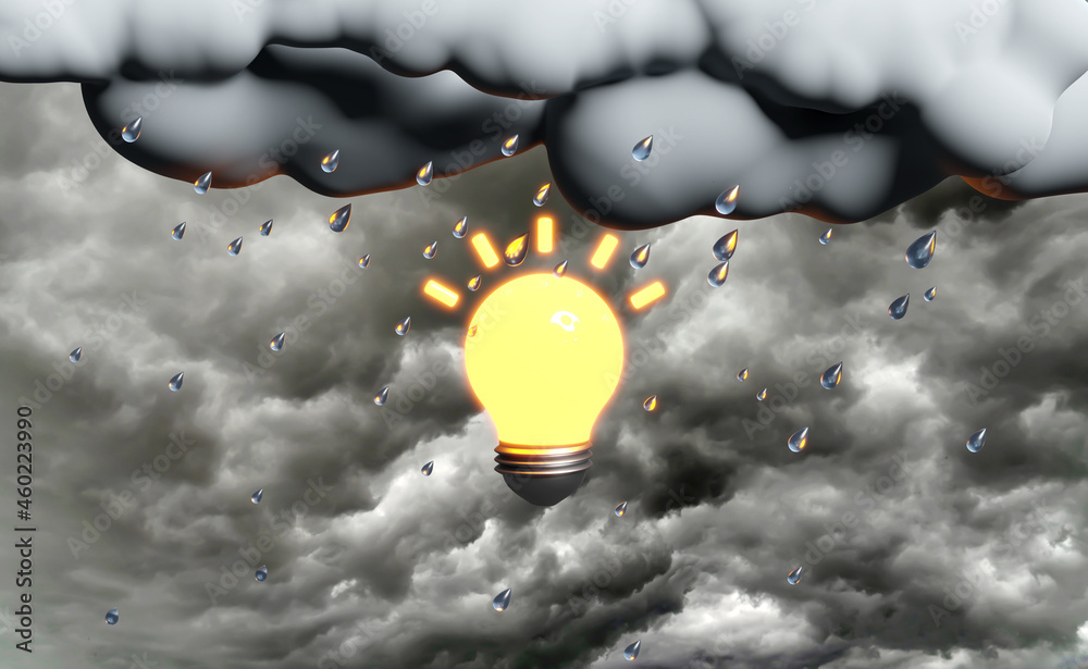 Cloud and rain with yellow light bulb,water splash in the rainy season ...
