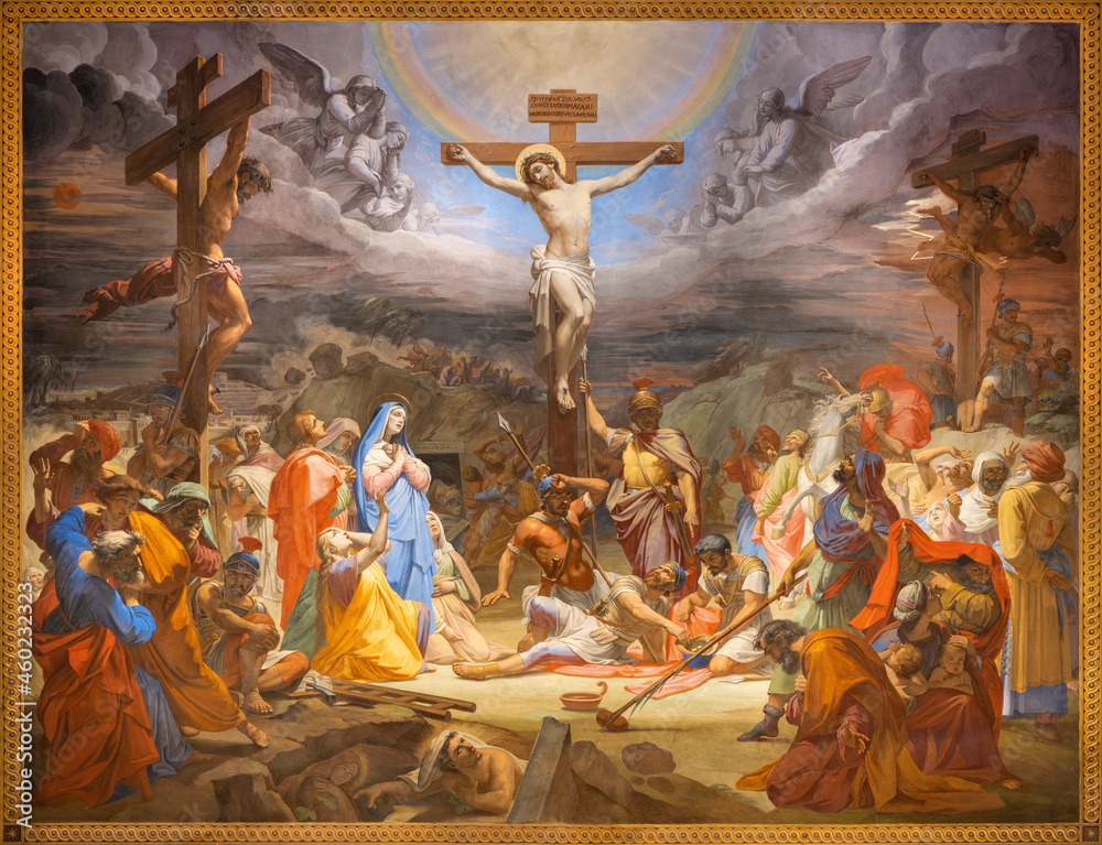 ROME, ITALY - AUGUST 28, 2021: The fresco of Crucifixion in the church ...