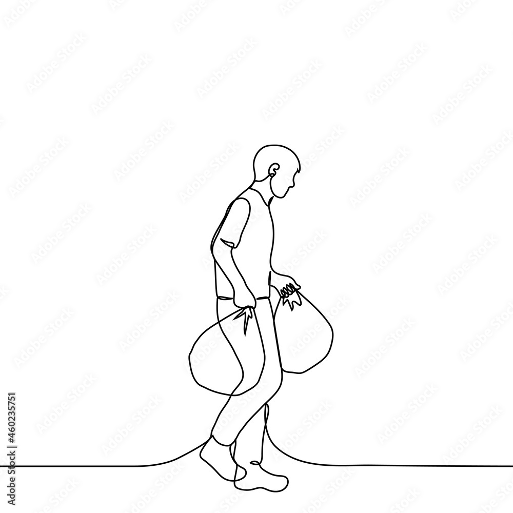 man carries in his hands two packages - one line drawing vector ...