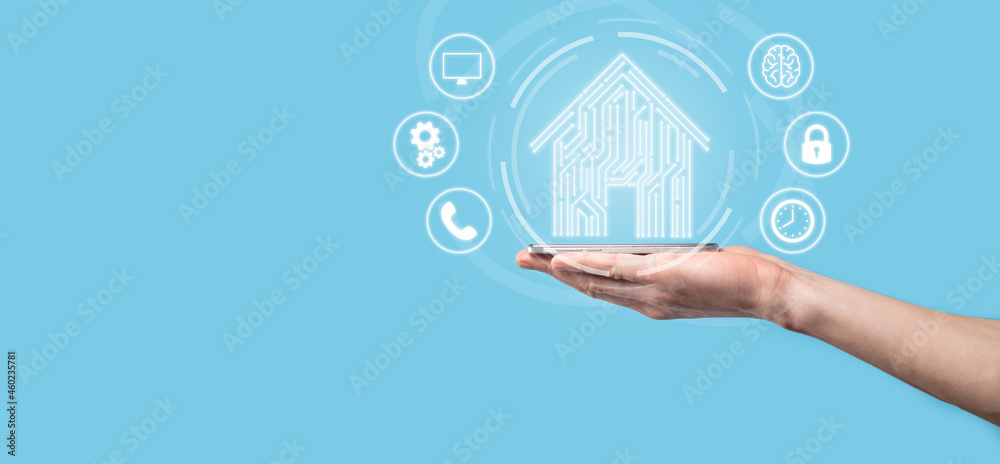 Hand hold house icon.Smart home controlled, intelligent house, and home ...