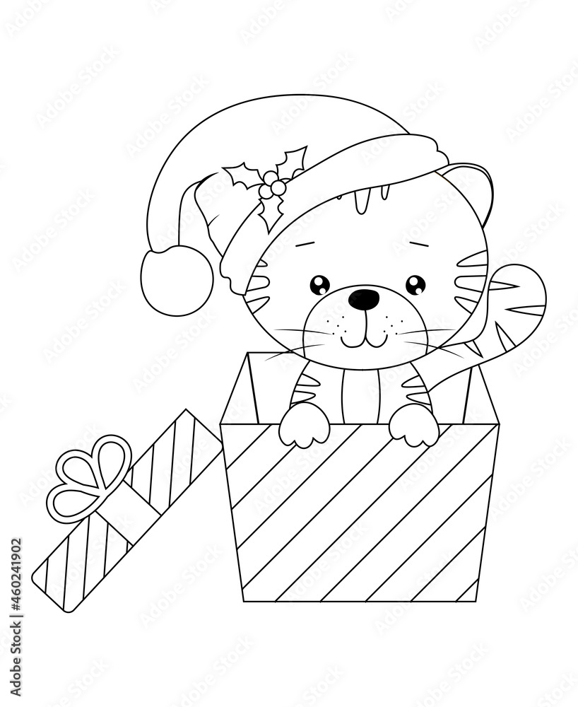 Coloring page with little cute tiger cub in the gift box with santa's ...