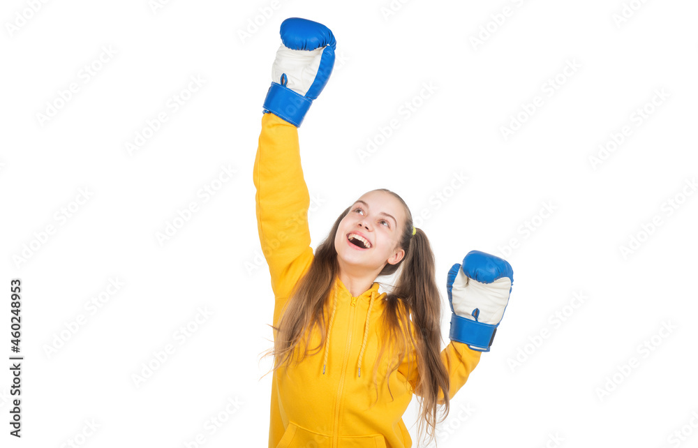 she is champion. winner of fight. teen girl in boxing gloves ...