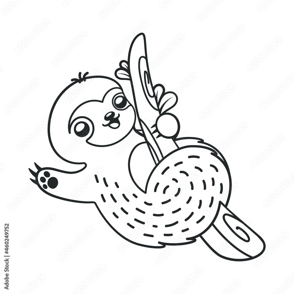 Cute waving sloth hanging on a branch line art outline clipart vector ...