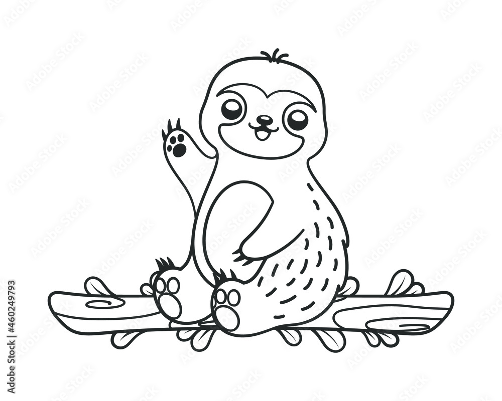 Cute waving sloth sitting on a branch line art outline clipart vector ...