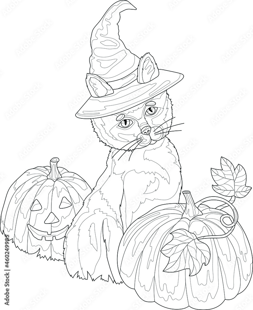 Cute cartoon cat in witch hat sitting with pumpkins sketch template ...
