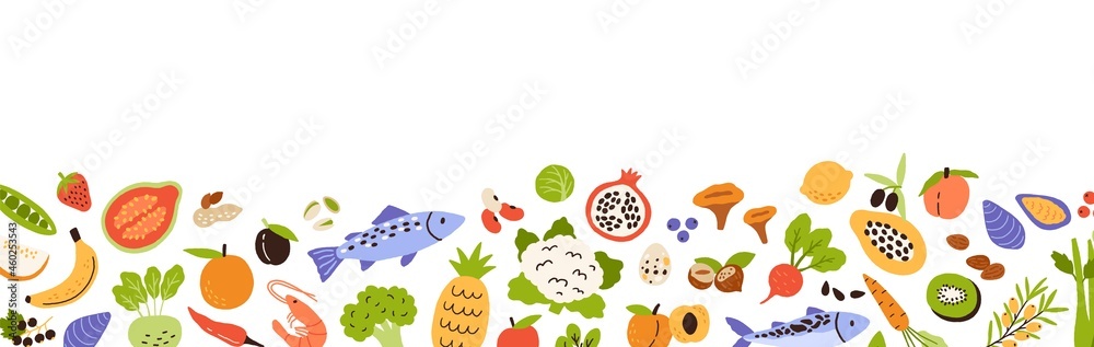 Healthy food border. Banner with grocery edge. Horizontal pattern with ...