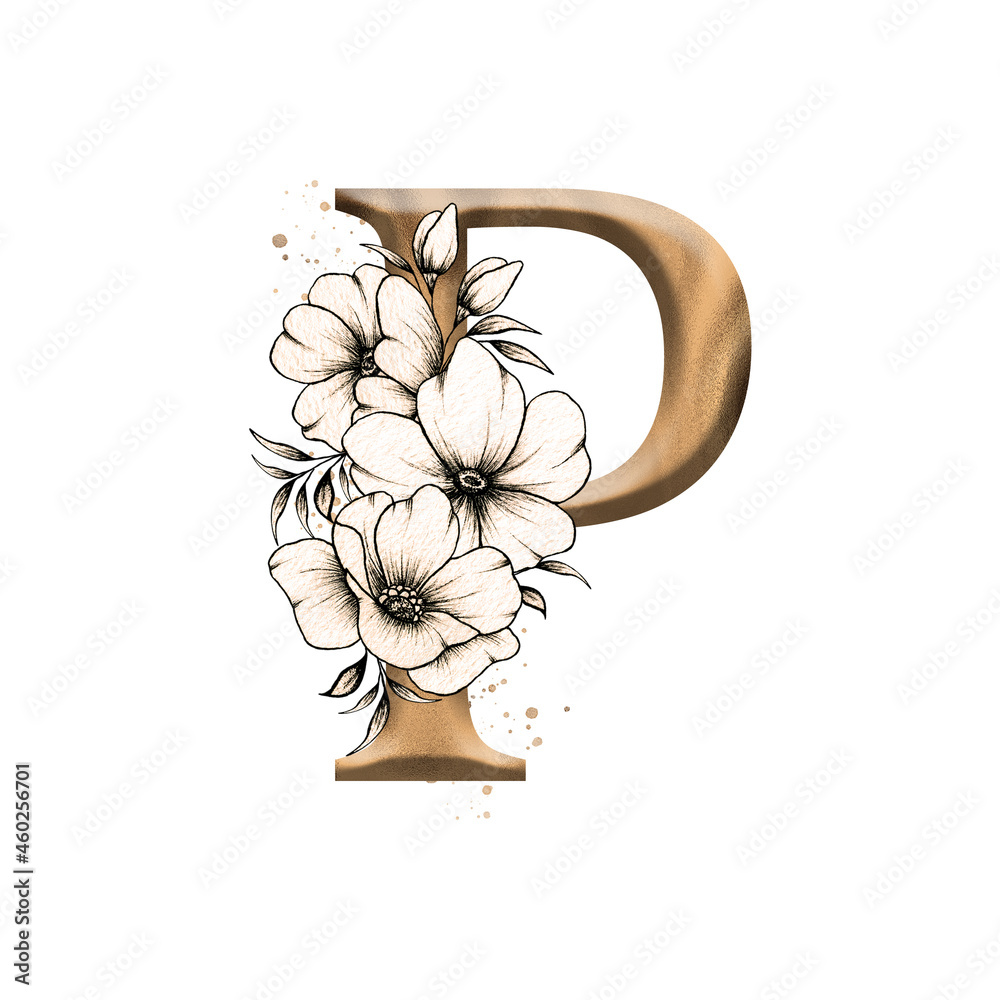 Graphic floral alphabet, gold letter P with vintage flowers bouquet ...
